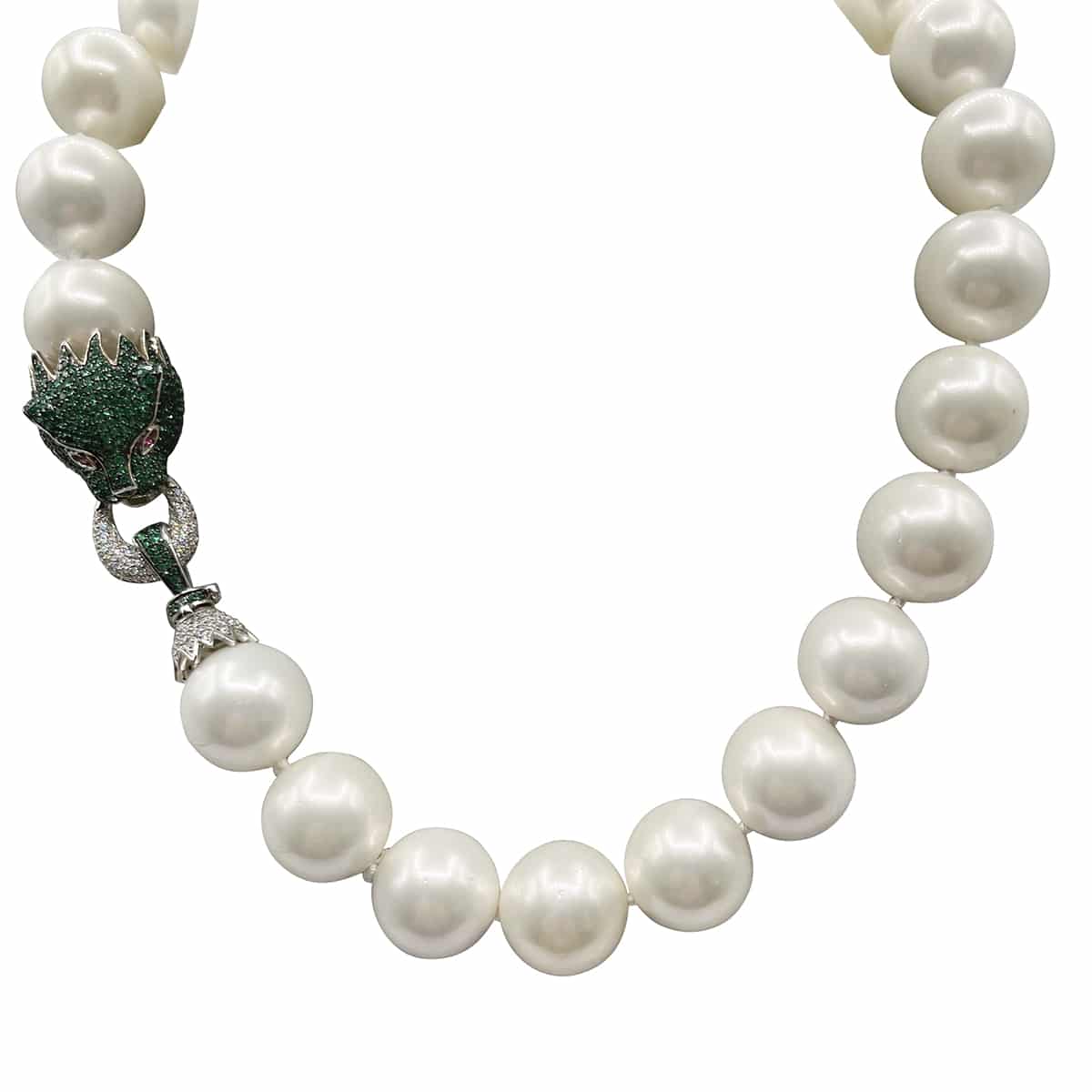 Shell-Based Pearl Necklace with Sterling Silver & Emerald Lion Clasp ...